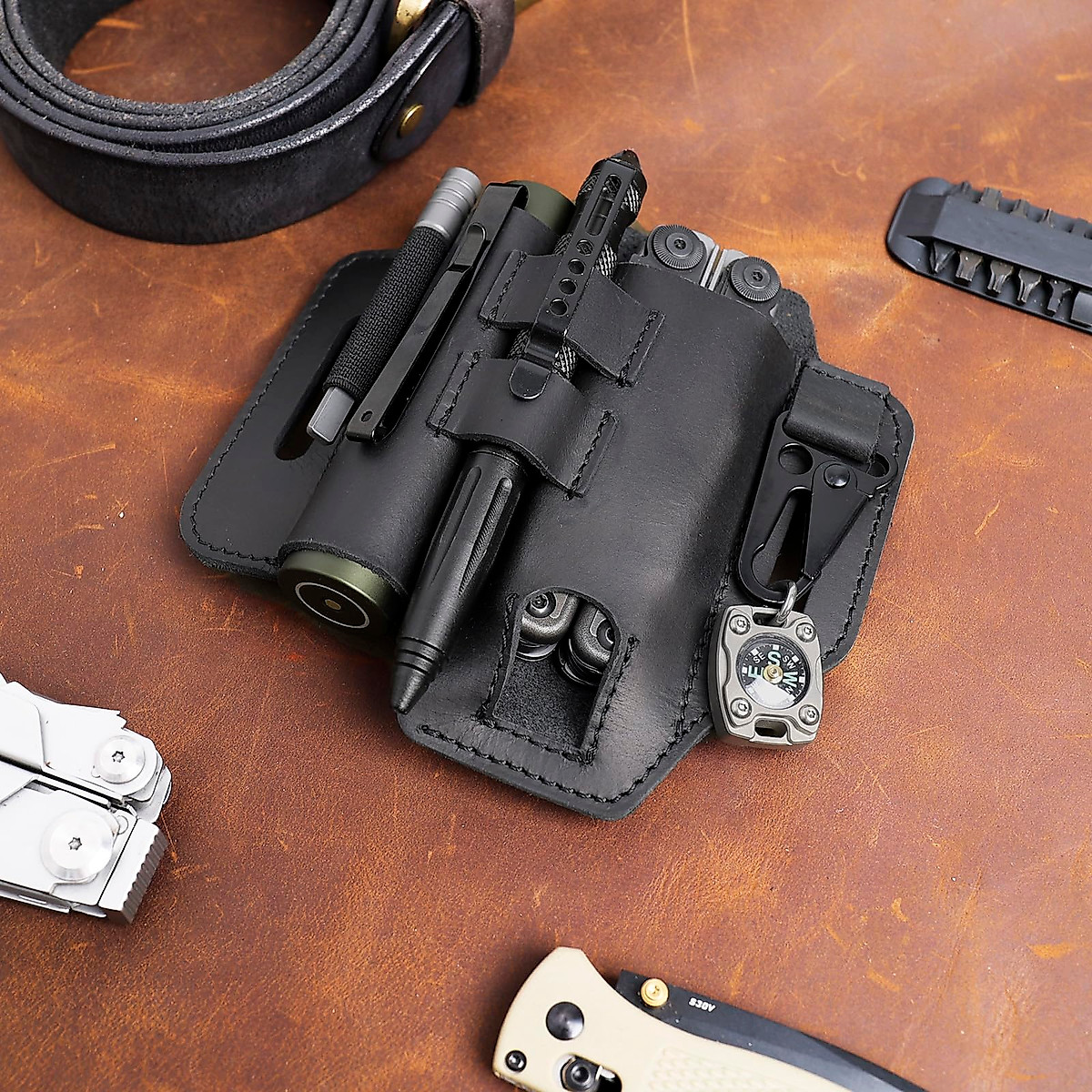 Topstache Multitool Sheath for Belt - EDC Belt Organizer - Leather Multitool Holster with Flashlight Holder, Elastic Band Pen Holder and Keychain Clip - Multitool Holder - Multitool Pouch, Black