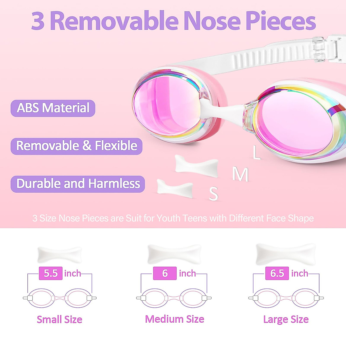 Water Space Swim Goggles Swimming Goggles for Kids Youth Junior Teens 6-14 8-12 4-7, Kids Goggles No Leak UV Protection Waterproof Mirrored Flat Lens Goggles with Nose Piece, Pool Water Clear Goggles