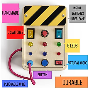 Montessori Busy Board for Toddlers - Wooden Sensory Toys for Toddlers - Toys For Autistic Children with LED Light Up Buttons Pluggable Wires Baby Gifts - Educational Learning Fidget Toy By Montotoys