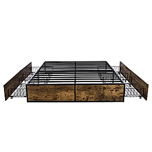 IMUsee Queen Size Bed Frame with 4 Large Storage Drawers, Heavy Duty Metal Platform Queen Bed Frame with 13 Strong Metal Slats Support, Wooden Board Decor, No Box Spring Needed, Noise Free