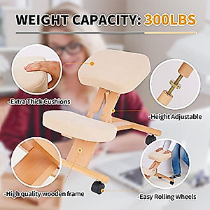 OXFIELD Ergonomic Kneeling Chair,Adjustable Kneeling Stool for Home and Office,Wooden Kneeling Chair with 3”Thick Comfortable Cushions& Smooth-Moving Wheels