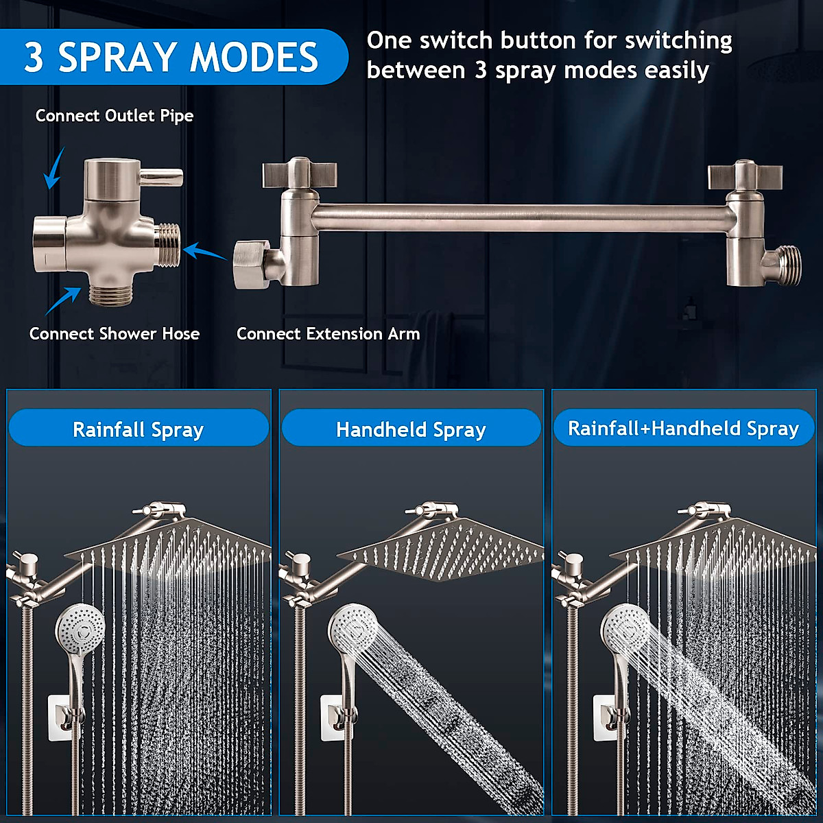 Shower Head Combo(Brushed Nickel),10'' High Pressure Rain Shower Head with 11'' Adjustable Extension Arm and 5 Settings Handheld,Powerful Shower Spray Against Low Pressure Water