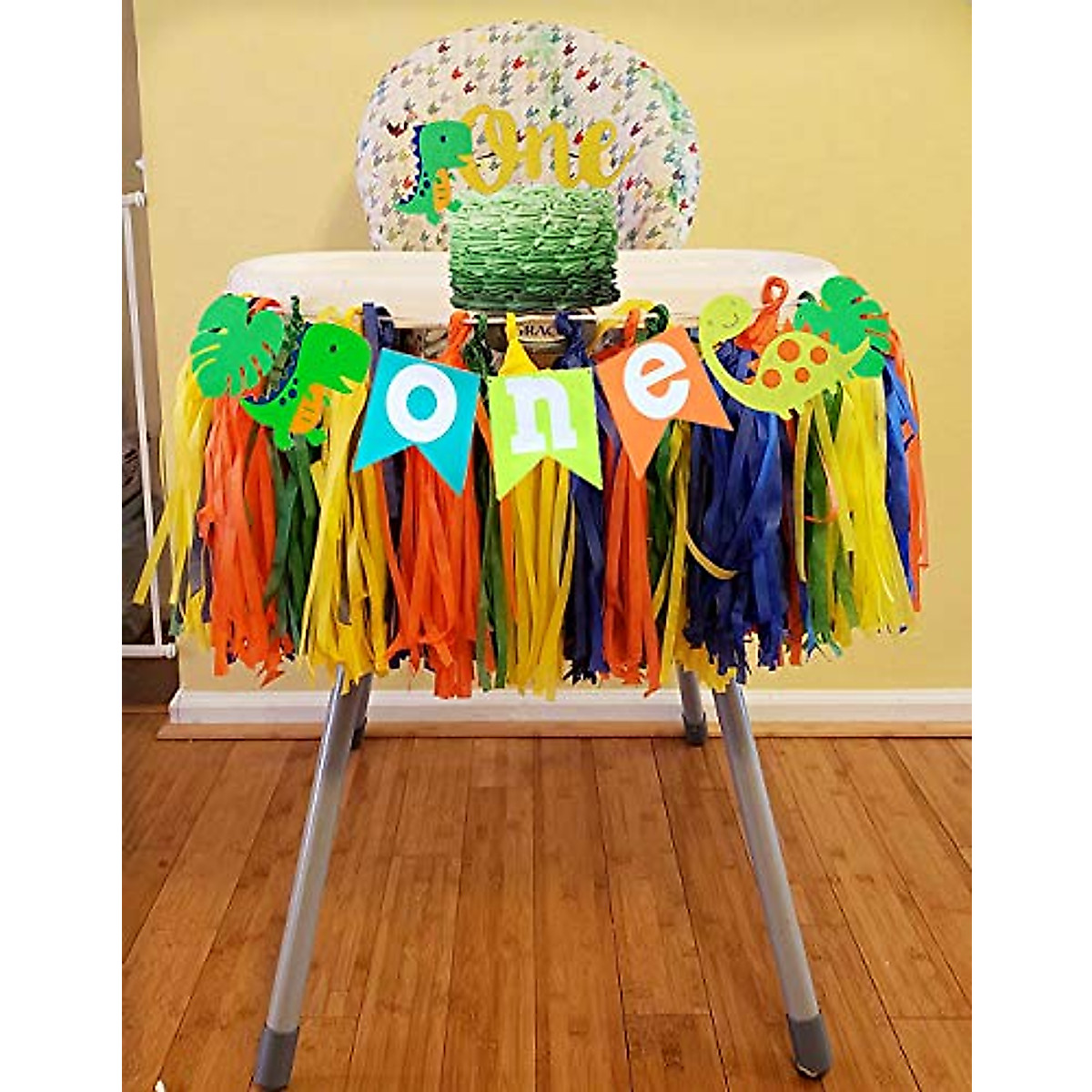 LaVenty Set of 2 Dinosaur First Birthday Banner Dinosaur One Cake Topper Dinosaur 1st Birthday High Chair Banner Dinosaur Birthday Party Decoration