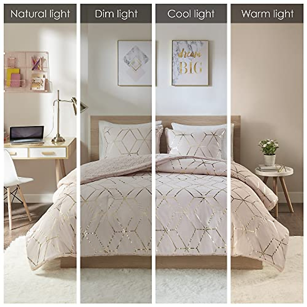 Intelligent Design Ainsley Comforter Set-Geometric Metallic Print to Faux Fur Reverse Trendy All Season Hypoallergenic Bedding, Matching Sham, Twin/Twin XL, Blush 2 Piece (ID10-1761)