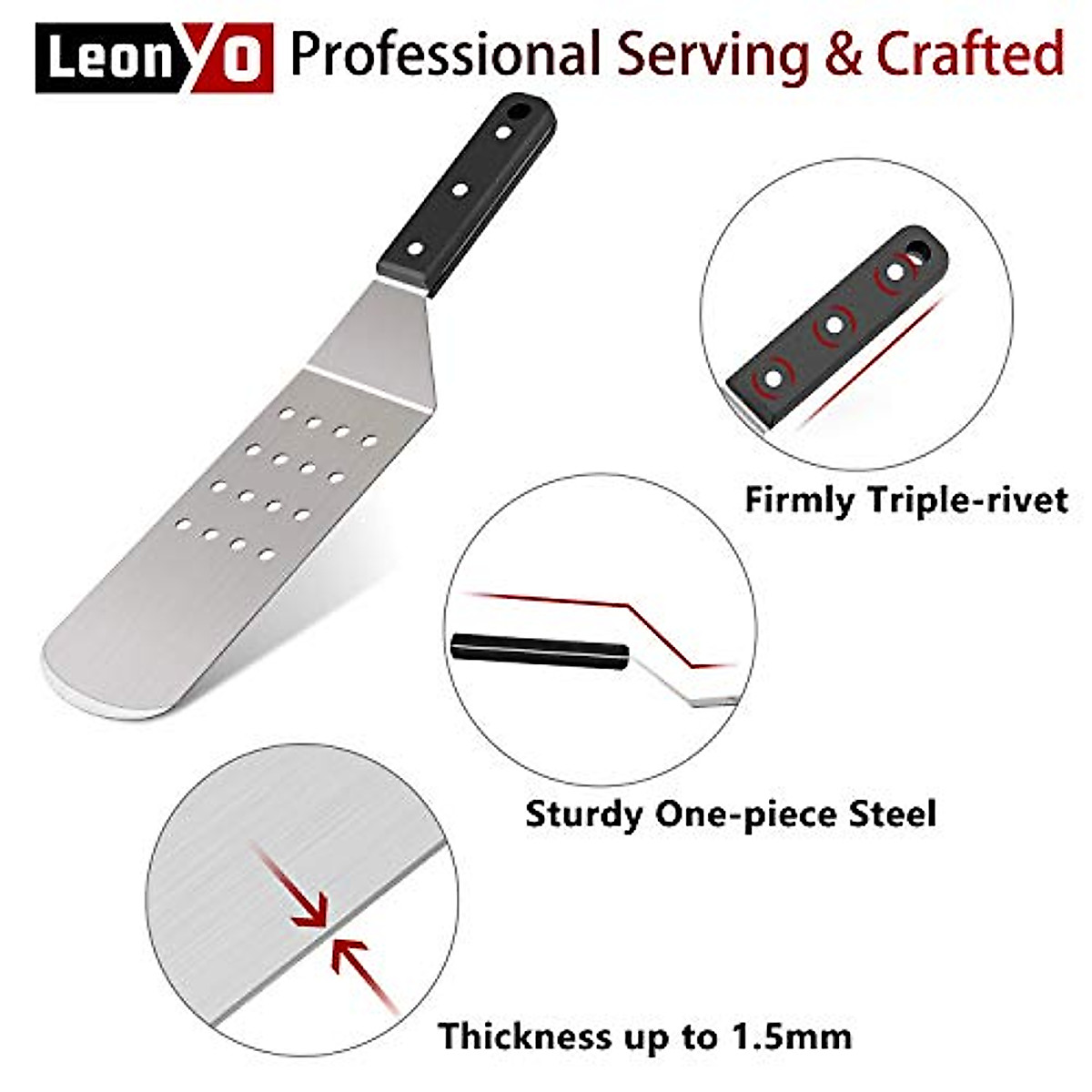 Griddle Accessories Set of 5, Leonyo Stainless Steel Grill Griddle Tool Set- Metal Spatula for Flat Top Hibachi Teppanyaki Kitchen Cooking, Riveted Grip, Dishwasher Safe, S Hooks, Indoor Outdoor