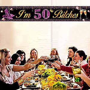 MEFENG Large I’m 50 Bitches Purple Gold Birthday Banner, Purple Gold Banner,50 Years Old Birthday Photo Booth Backdrop Supplies Happy Fifty Yard Sign Party Supplies