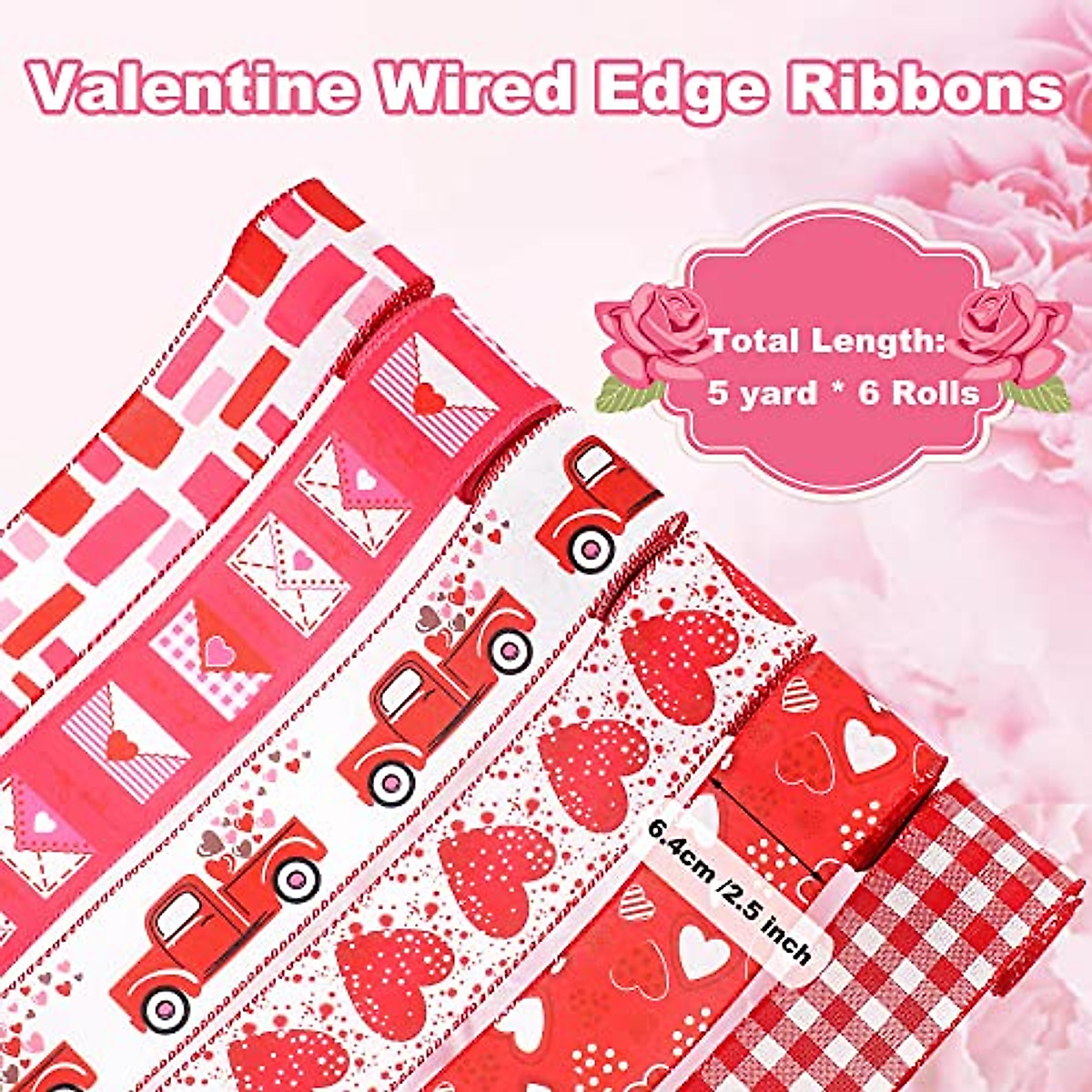 6 Rolls Heart Wired Ribbon 2.5" Valentine's Day Burlap Ribbon Buffalo Plaid Red Pink Heart Truck Love Letter Ribbon for Gift Wrapping Home Wedding Anniversary Decor Bows Wreath Craft, 30 Yards