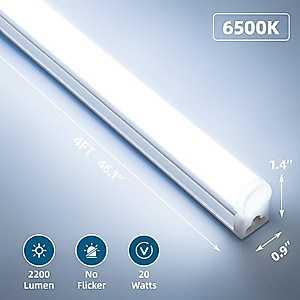 Barrina LED T5 Integrated Single Fixture, 4FT, 2200lm, 6500K (Super Bright White), 20W, Utility Shop Light, Ceiling and Under Cabinet Light, garage Light with Built-in ON/Off Switch