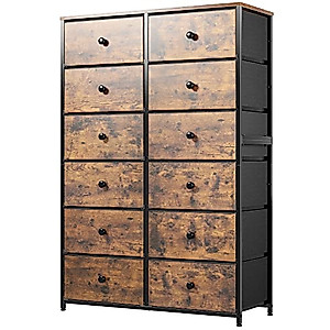 EnHomee 12 Drawer Dresser, Tall Dressers for Bedroom, Large Fabric Dressers & Chests of Drawers for Bedroom Living Room Closet Dresser with Wood Top and Metal Frame, Rustic Brown, 34.6"Wx11.8"Dx52.3"H