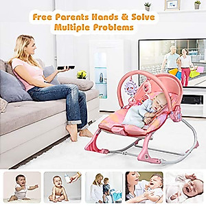 HONEY JOY Baby Rocker Chair, Newborn Bouncer Chair w/ Toy-Bar & Sound, Infant to Toddler Stationary Seating w/Fold-Out Kickstand, Vibration Calming & 3 Recline Positions, Bouncy Seat for Babies (Pink)