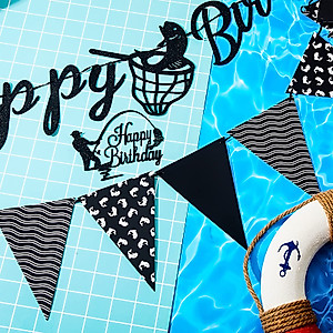 3 Pieces Fishing Birthday Banner Decoration Fisherman Cake Topper Triangle Banner Glitter Fishing Happy Birthday Cake Decoration for Men Boys Kids Black Go Fishing Theme Birthday Party Supplies