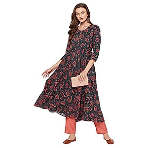 Tissu Women's Rayon Green & Pink Floral Printed A-Line Kurta 2201_Green_L