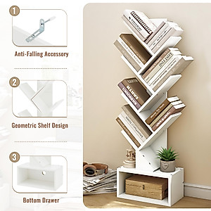 Hoctieon 6 Tier Tree Bookshelf, Tall Bookcase with Drawer, Freestanding Book shelf, Display Floor Standing Storage Shelf, Book Organizer Shelves for Home Office, Living Room, Bedroom, White
