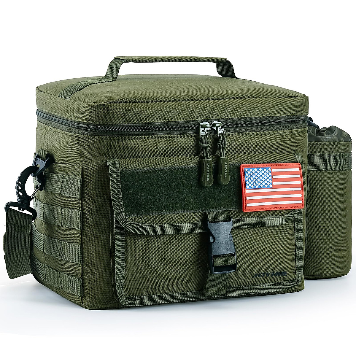 JOYHILL Tactical Lunch Box for Men, Insulated Lunch Bag with Detachable Bottle Pouch Holder, Medium Durable Thermal Cooler Bag,Modern Leakproof Bag for Work, Camping, Picnic,Green,13L/18 Can