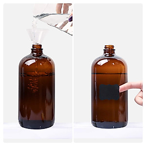 HWASHIN 4 Pack 32 oz Amber Boston Round Glass Bottles with Black Caps for Secondary Kombucha Fermentation and Lab Chemicals (1 Funnel and 10 Pieces Black Chalkboard Labels Included)