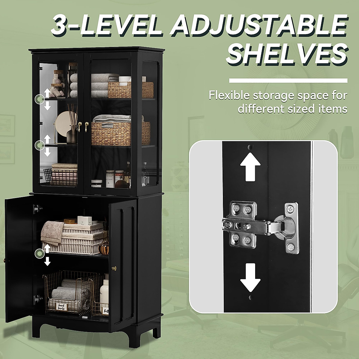 ARTPOWER 72" Freestanding Kitchen Pantry Storage Sideboard, Classical Tall Cabinet with Glass Door and Adjustable Shelves for Kitchen, Livingroom and Dining Room, Black