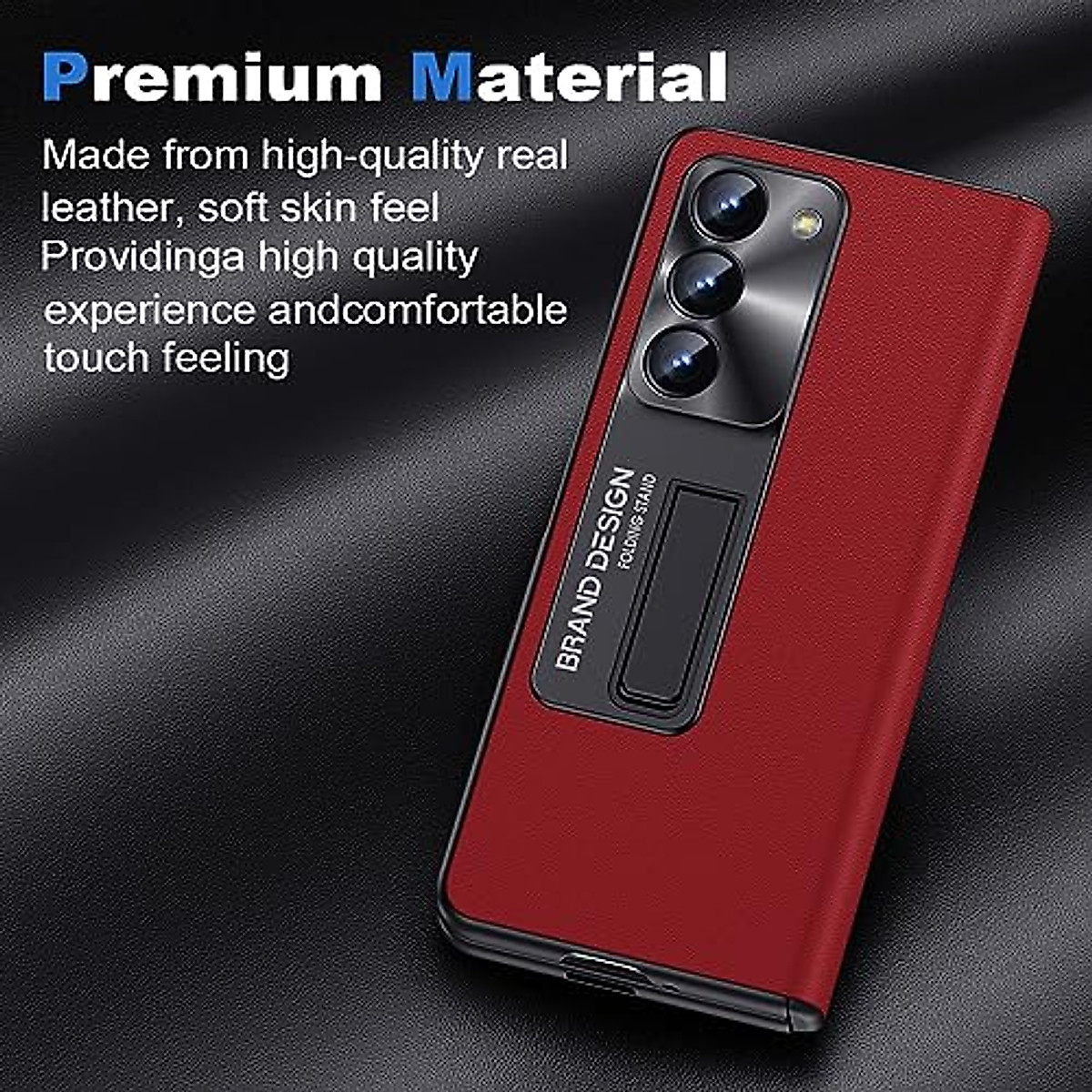 spoovcto for Samsung Galaxy Z-Fold-5 Case: Genuine Leather Phone Case with Full Hinge Protection & Kickstand & Screen Protector for Samsung Z Fold 5 5G 2023 (Red)