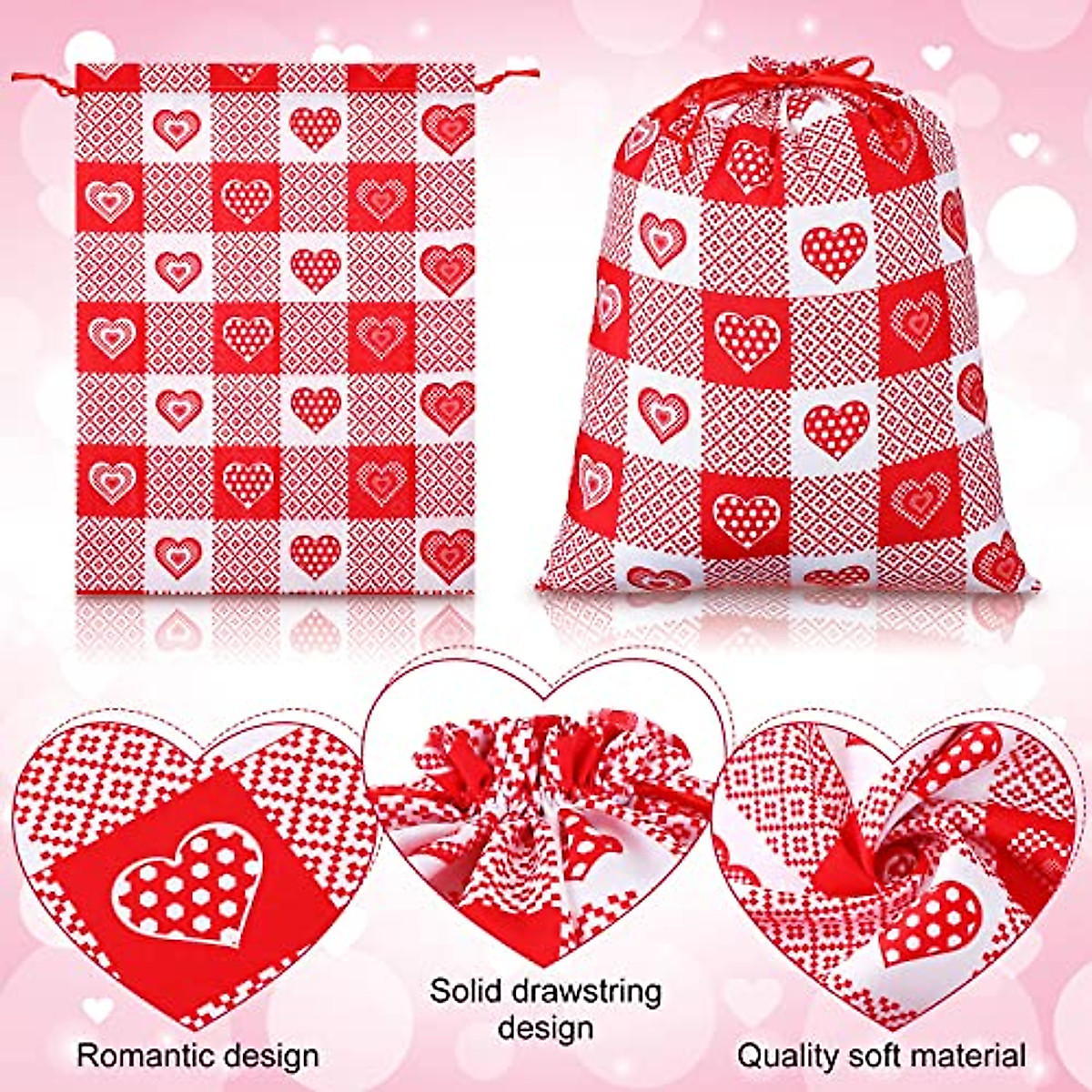36 Pieces Large Wedding Drawstring Bags Heart Gift Wrapping Bags Candy Wedding Cookie Bags for Wedding Party Favors Bridal Shower, Assorted Sizes and Designs