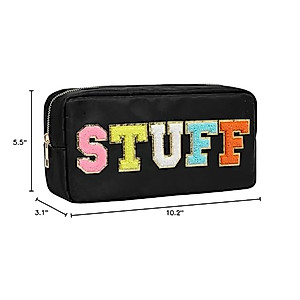 DYSHAYEN Nylon Cosmetic Bag Preppy Makeup Stuff Bag for Women Travel Toiletry Organizer with Chenille Letter Patches (Black-STUFF)