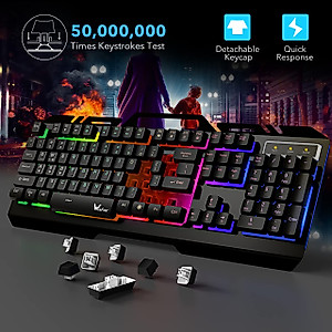 WisFox Wired Keyboard, Computer Keyboard with Rainbow LED Backlit, All-Metal Panel Gaming Keyboard with Phone Holder, Full Size Quiet Warterproof Office USB Keyboard for Desktop, Computer, PC