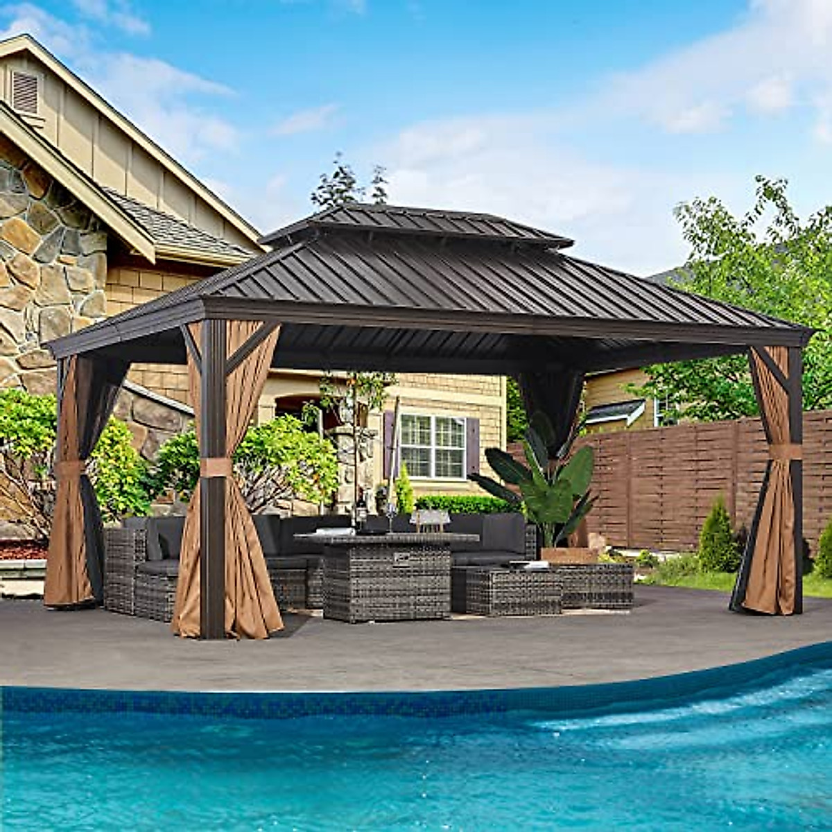 Binplax Outdoor Hardtop Gazebo Polycarbonate Double Roof Canopy Curtains Aluminum Frame with Netting for Garden, Patio (Metal Top, 12 * 16')