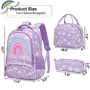 Girls Backpack for Elementary Rainbow Backpack 3 in 1 School Bookbag with Lunch Bag Pencil Case Purple Back to School