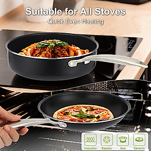 Induction Pots and Pans Set, 5 Pcs Non Stick Cookware Set with Stainless Steel Handle, Non Toxic Kitchen Cookware Sets For Oven & Dishwasher Safe,100% PFOA Free, Black