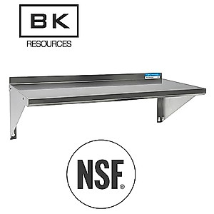 BK Resources Stainless Steel Wall Shelf, 12"x 36", 18 Gauge T-430 Steel, NSF Commercial Kitchen Food Service Use, 1.5" Backsplash, Angle Supports, BKWSE-1236