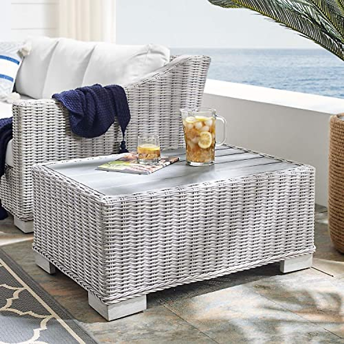 Modway Conway 32" Modern Rattan Outdoor Coffee Table in Light Gray