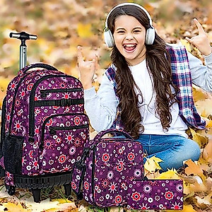 3PCS Rolling Backpack for Women, 19 Inches Travel Roller Bookbag with Wheels, Teen Girls College Backpacks Wheeled - Purple