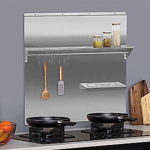 Futchoy Range Backsplash with Shelf 30 x 30.7 Inch Range Hood Wall Shield, Stainless Steel Backsplash Silver Splash Plate for Range Hood Stainless Backsplash