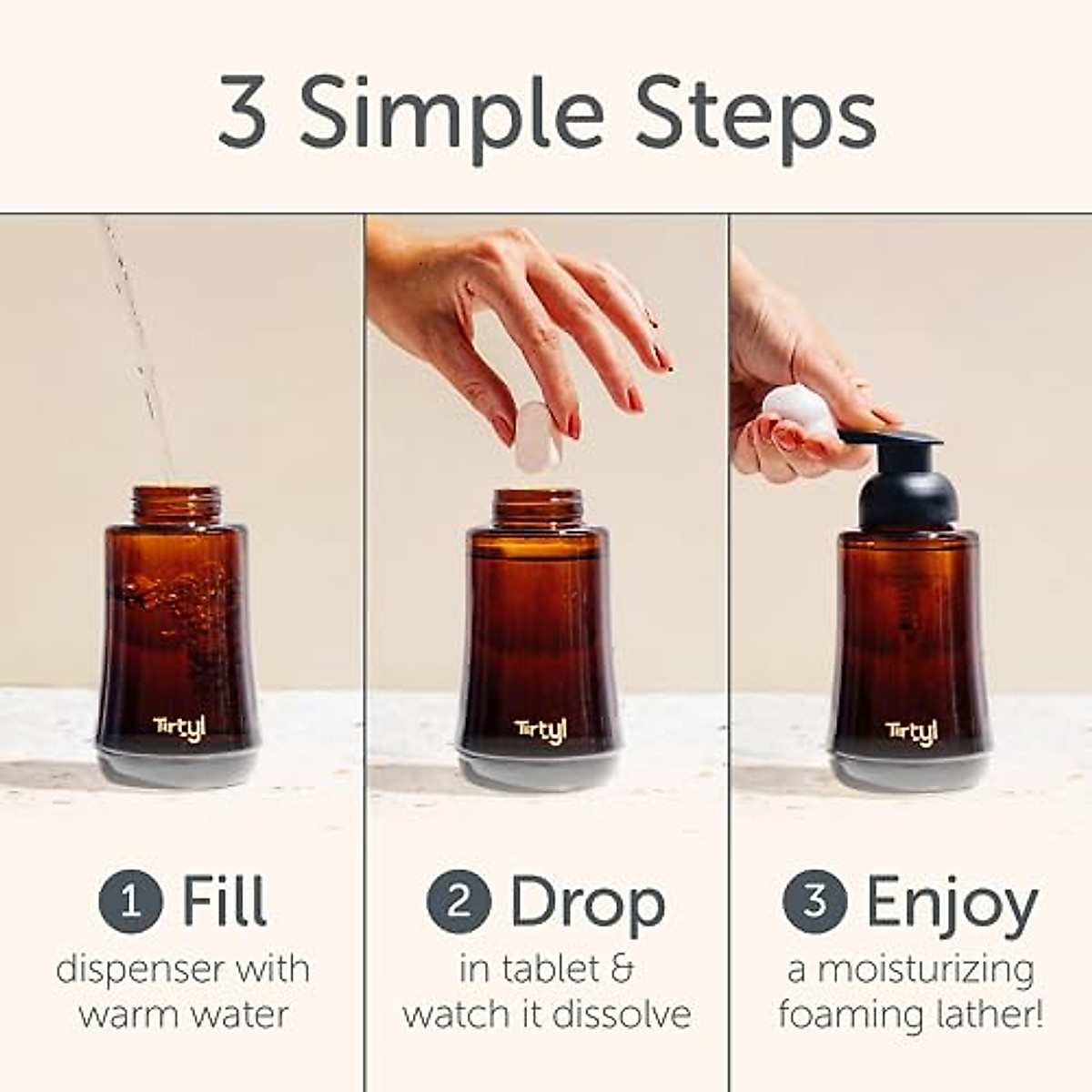 Tirtyl Hand Soap Duo Kit - 2 Amber Glass Foaming Dispensers + Storage Tin + 6 Tablet Refills (48 fl oz total - 6x 8 fl oz) - NEW Formula - Compostable Packaging - Variety Fragrances