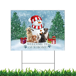 Garden Lawn Sign Christmas Welcome to Our Home Dogs and Snowman Corrugated Yard Sign Quotes Holiday Snowman for Garage Sales Rent Open House Construction 12"x18"
