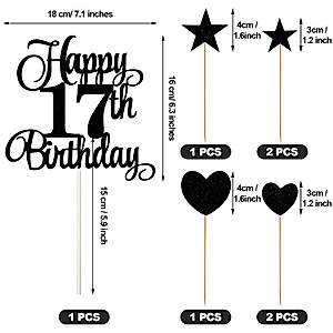 17th Birthday Cake Decorations Set Include 17th Birthday Candles Numeral 17 Cake Candles and Happy 17th Birthday Cake Toppers with Heart Star Cupcake Picks for Birthday Party (Black Series)