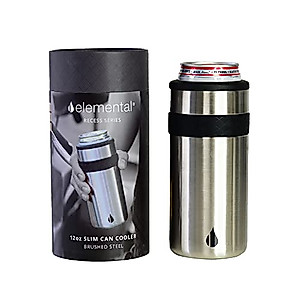 Elemental Insulated Slim Can Cooler, Triple Wall Stainless Steel Skinny Can Cooler - Drink Cooler Insulator for 12oz Skinny Seltzers, Beer, Soda Cans - Brushed Steel