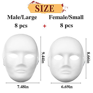 16 Pcs DIY Full Face Masks,Paintable Paper Mask,White Craft Masks,Cosplay Masquerade Mask for Halloween Party,DIY Creativity,Women,Men,Kids,2 Sizes