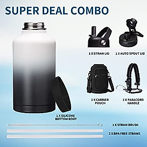 Half Gallon Water-Bottle with straw - 64oz Vacuum Insulated Water Bottles with Paracord Handle, Straw Spout Lids, Water Bottle Carrier Holder, Protective Cup Mat, 2 Liter Stainless Steel Water Jug