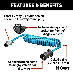 CURT 57283 8-Foot Flat Towing 7-Way RV Blade Motorhome to 6-Way Round Dinghy Vehicle Wiring Adapter Extension Harness , Blue