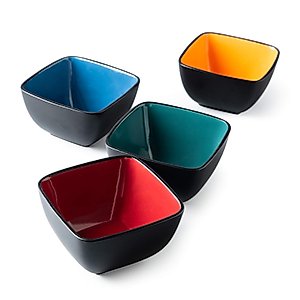 AmorArc 32oz Square Cereal Soup Bowls, Stoneware Bowls Set of 4 for Kitchen, Large Bowls for Cereal,Soup,Salad,Meal, Microwave & Dishwasher Safe-Colorful Inside