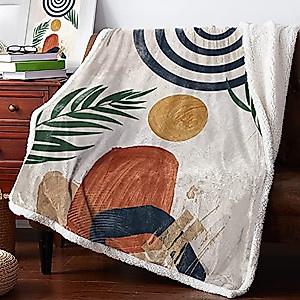 Mid Century Sherpa Flannel Throw Blankets,Boho Abstract Leaf Thick Reversible Plush Fleece Blanket for Bed Couch Sofa,Geometric Minimalist Aesthetic Ultra Soft Comfy Warm Fuzzy TV Throws 40x50in