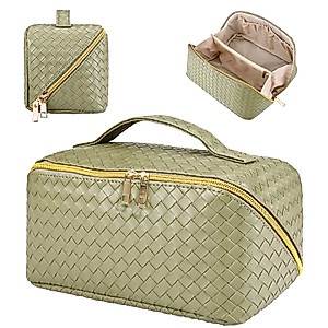 SOIDRAM Large Capacity Travel Cosmetic Bag Makeup Bag Leather Makeup Bag Organizer Women Portable Toiletry Bag Flat Lay Everything Cosmetic Bag Green