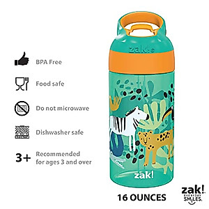 Zak Designs 16oz Riverside Kids Water Bottle with Spout Cover and Built-in Carrying Loop, Made of Durable Plastic, Leak-Proof Design for Travel (Dino Camo & Safari, Pack of 2)