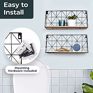 Greenco Geometric Mounted Floating, Home Decor, Metal Wire and Rustic Wood Wall Storage Shelves for Bedroom, Living Room, Bathroom, Kitchen, Office and More – Set of 2