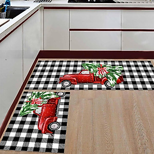 Christmas Kitchen Rugs and Mats 2 PCS Red Truck Xmas Tree Black White Buffalo Check Kitchen Mats for Floor, Farmhouse Non-Slip Rugs with Runner for Kitchen,Office,Sink,Laundry 15.7"x23.6"+15.7"x47.2"