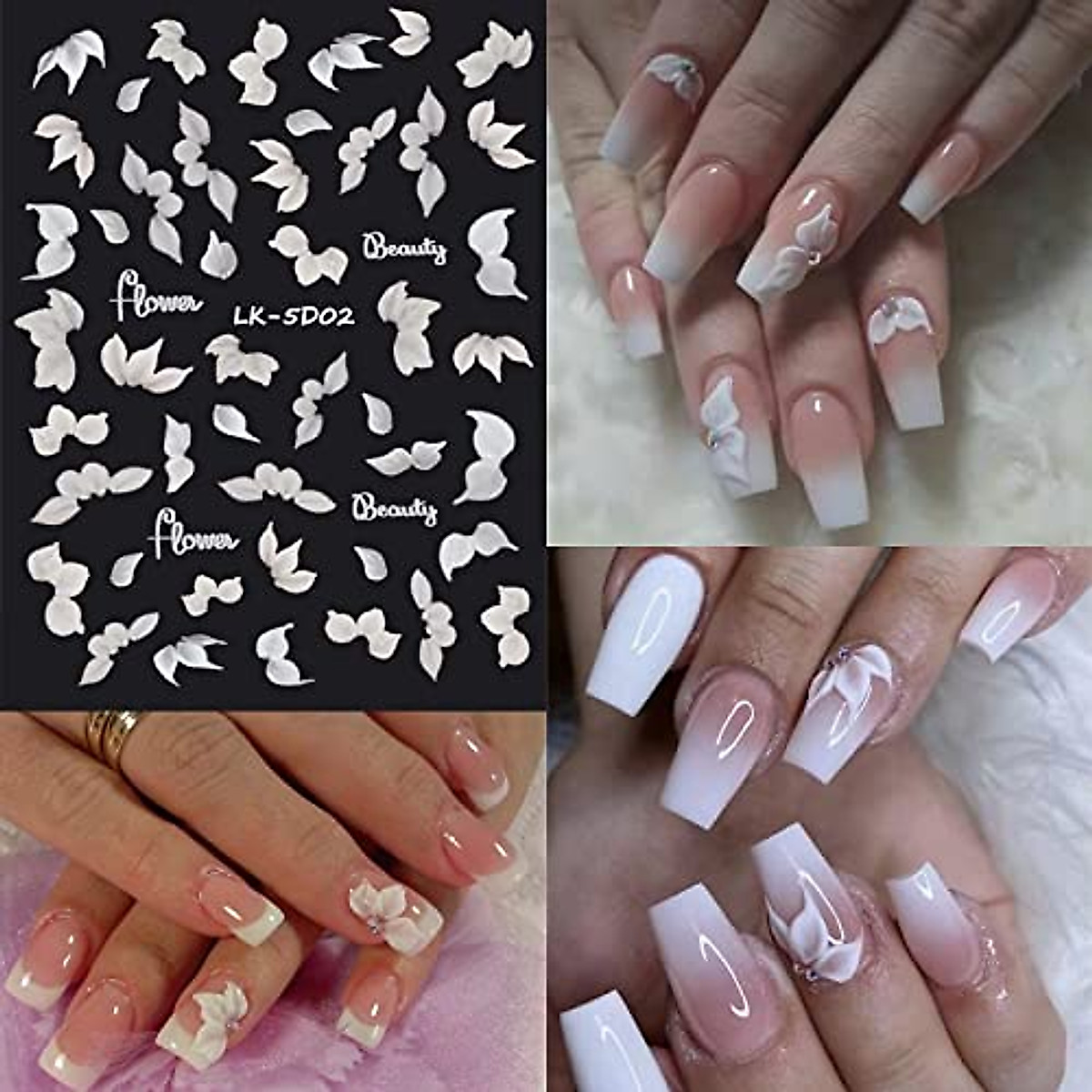 YOSOMK 6 Sheets Flower Nail Sticker for Nail Art 5D Embossed Engraved Nail Decals White Pink Spring Summer Nail Supplies Accessories Floral Pegatinas Uñas Nail Decoration for Women Nail Design