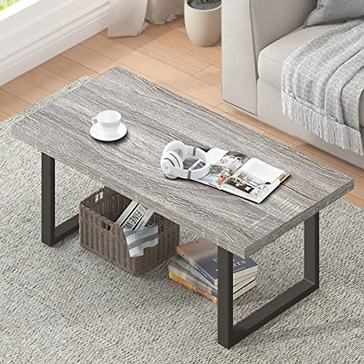 IBF Industrial Coffee Table, Wood and Metal Simple Modern Rustic Center Table, Minimalist Rectangle Farmhouse Wooden Cocktail Table for Living Room, Light Grey Oak, 47 Inch