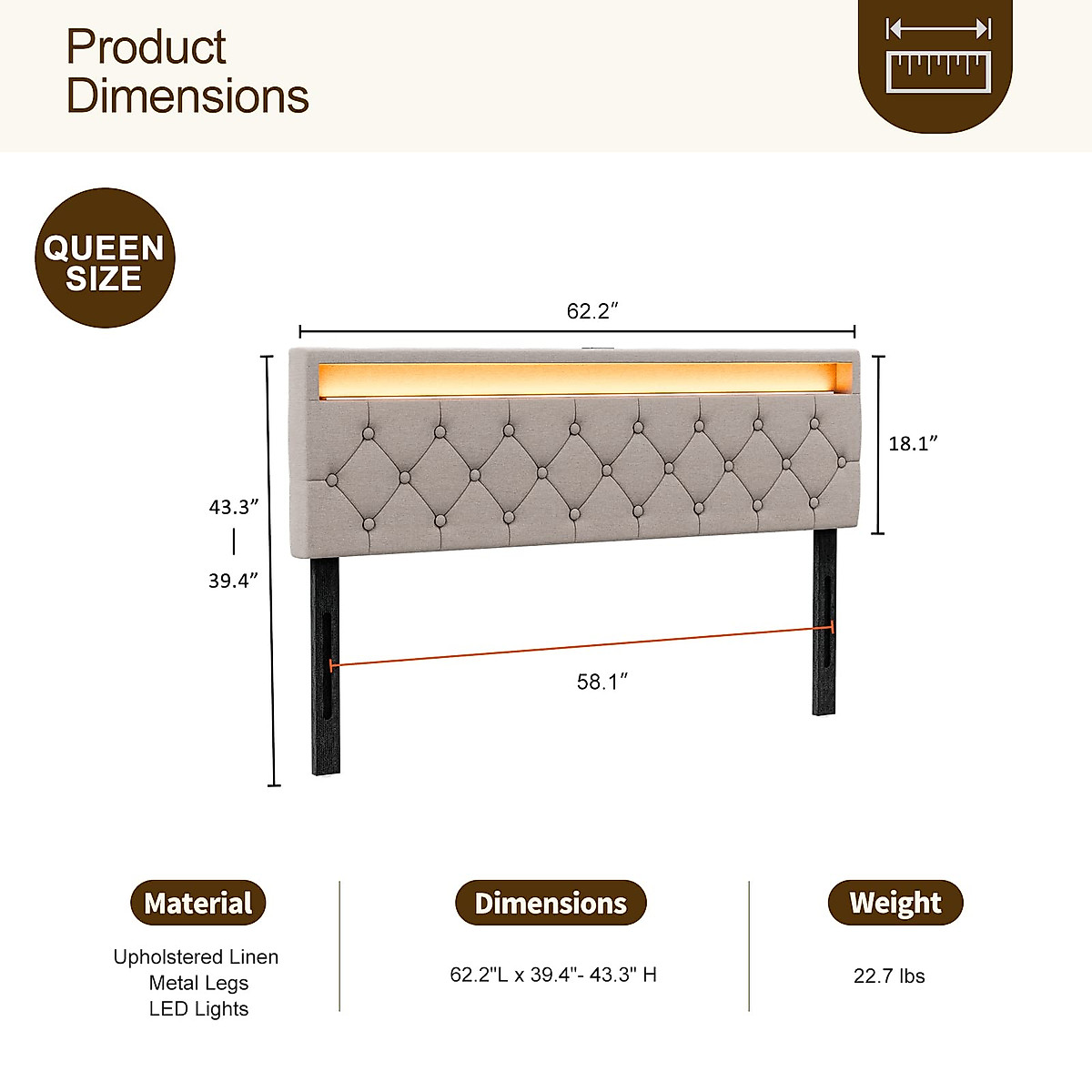 IKIFLY Upholstered Queen Size Headboard with LED Lights & 2 USB Ports - Adjustable Height - Button Tufted Linen Fabric Padded Headboard, Easy Assembly, Queen Headboard Only for Bedroom - Light Brown