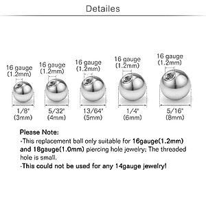 QWALIT 16gauge Stainless Steel Replacement Balls for Lip Studs Labret Earrings Septum Rings Externally Threaded Plastic Balls 3mm - 8mm