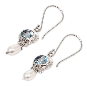 NOVICA Artisan Handcrafted Cultured Freshwater Pearl Blue Topaz Dangle Earrings | Pearl Silver Sterling Sky Fantasy Dangle Earrings | Gemstone Birthstone Themed Earrings Topaz Wedding Bridal Earrings