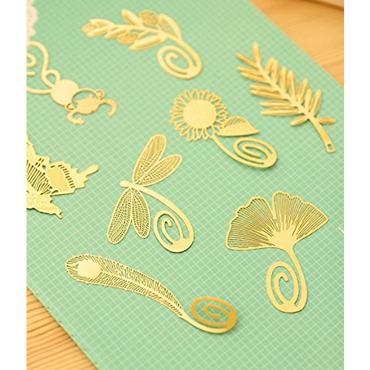 yueton Pack of 8 Cute Cartoon Art Feather Butterfly Dragonfly Gingkgo Monkey Pred Perry Sunflower Olive Branch Metal Gold Bookmarks Book Mark Reading New Novelty + Free Gift